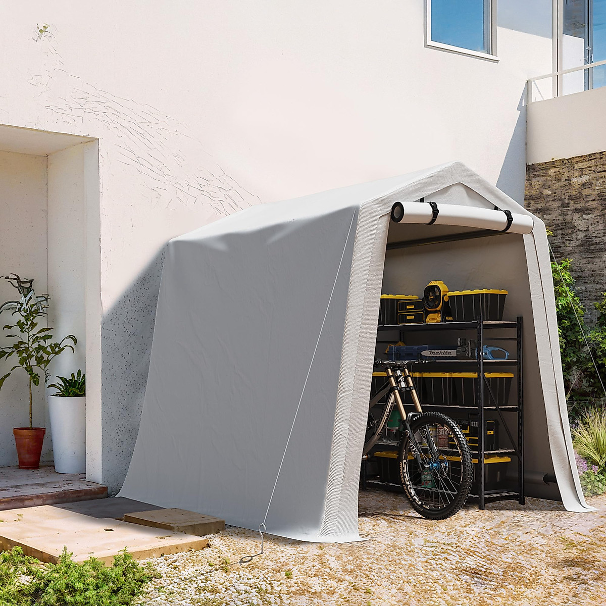 Flamaker Storage Shed 6 x 6 x 7 ft Outdoor Heavy Duty Waterproof Garage Steel Frame Portable Shed with Roll-up Zipper Doors for Motorcycle, Bike, Gardening Tools (Grey)