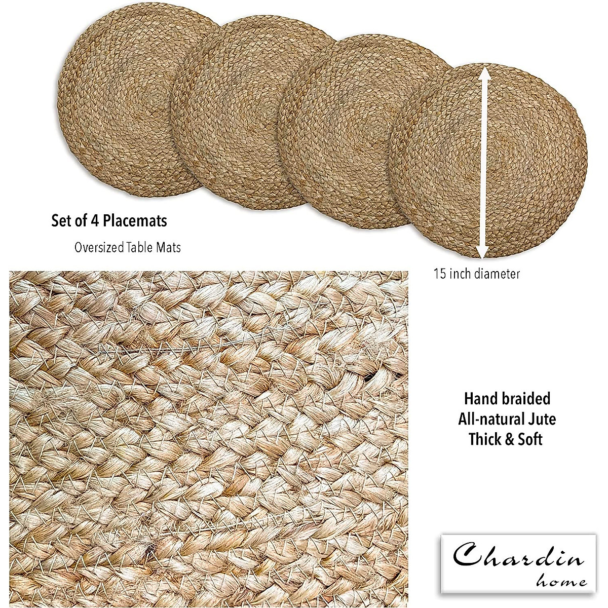 CHARDIN HOME Round Woven Jute Braided Set of 4 PLACEMATS | 15 inch ROUND Farmhouse Table mats | All Natural Jute for