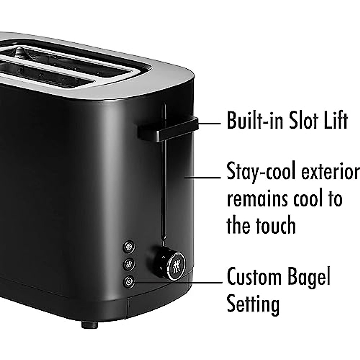 ZWILLING Enfinigy Cool Touch Toaster 2 Slice with Extra Wide 1.5" Slots for Bagels, 7 Toast Settings, Even Toasting, Reheat, Cancel, Defrost, Black