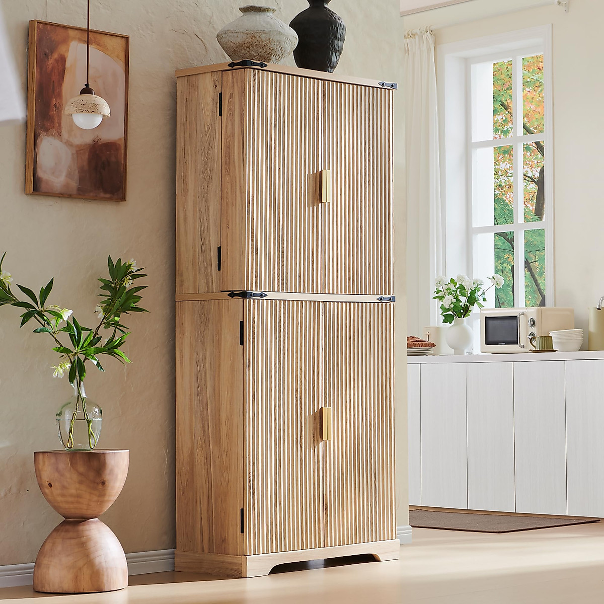 ACCOHOHO Fluted Pantry Cabinet, 72" Tall Modern Storage Cabinet with 4 Doors, Organizer, Drawer and Adjustable Shelves, Wood Cupboard for Kitchen, Dining Room, Living Room and Bathroom, Natural Oak