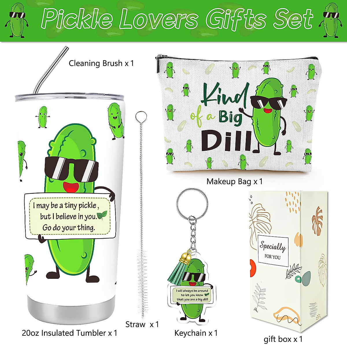 Keluna Pickle Gift for Pickle Lovers - 3Pcs Pickle Themed Gifts for Women, 20oz Funny Pickle Tumbler with Lid Straw Cucumber Makeup Bag Keychain for Women Girls Birthday Christmas Gifts Ideas