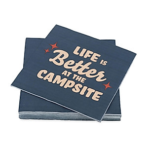 Camco Life is Better at The Campsite Paper Napkins | Features a Dark Blue with Red Retro Stars and Large Tan "Life is Better at The Campsite" Design | 30-Count (53496)