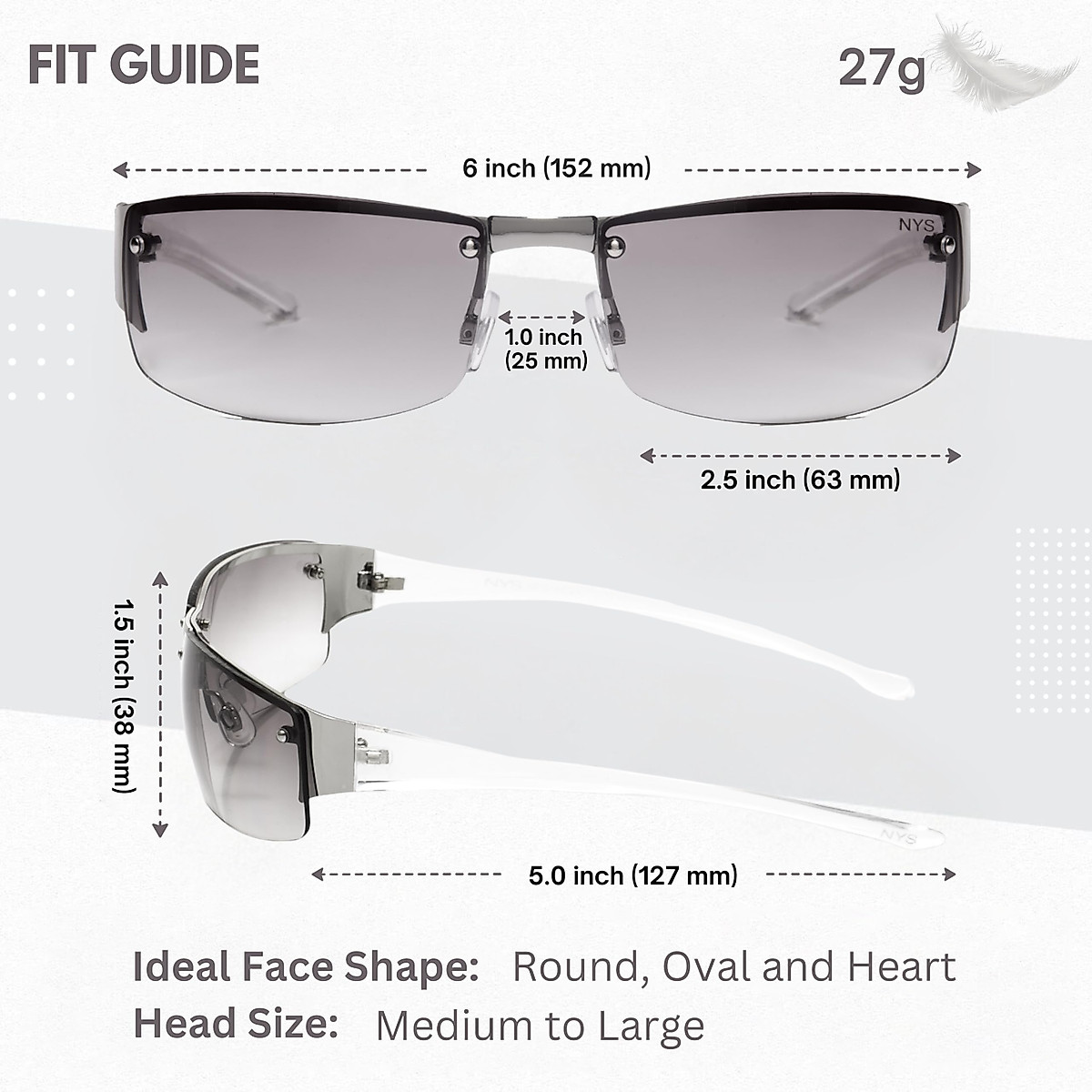 NYS Collection Semi-Rimless Wrap Around Sunglasses Women Men 100% UV400 Protection (Frosted Clear Frame/Light Smoke Gradient Lens)