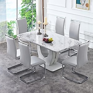 hohoedc 63" Morden Faux Marble Dining Room Table Set,Big Kitchen Dining Table for 6-8 with MDF Base,7 Piece Rectangle Dining Table Set &6 Pu Leather Upholstered Chairs Ideal