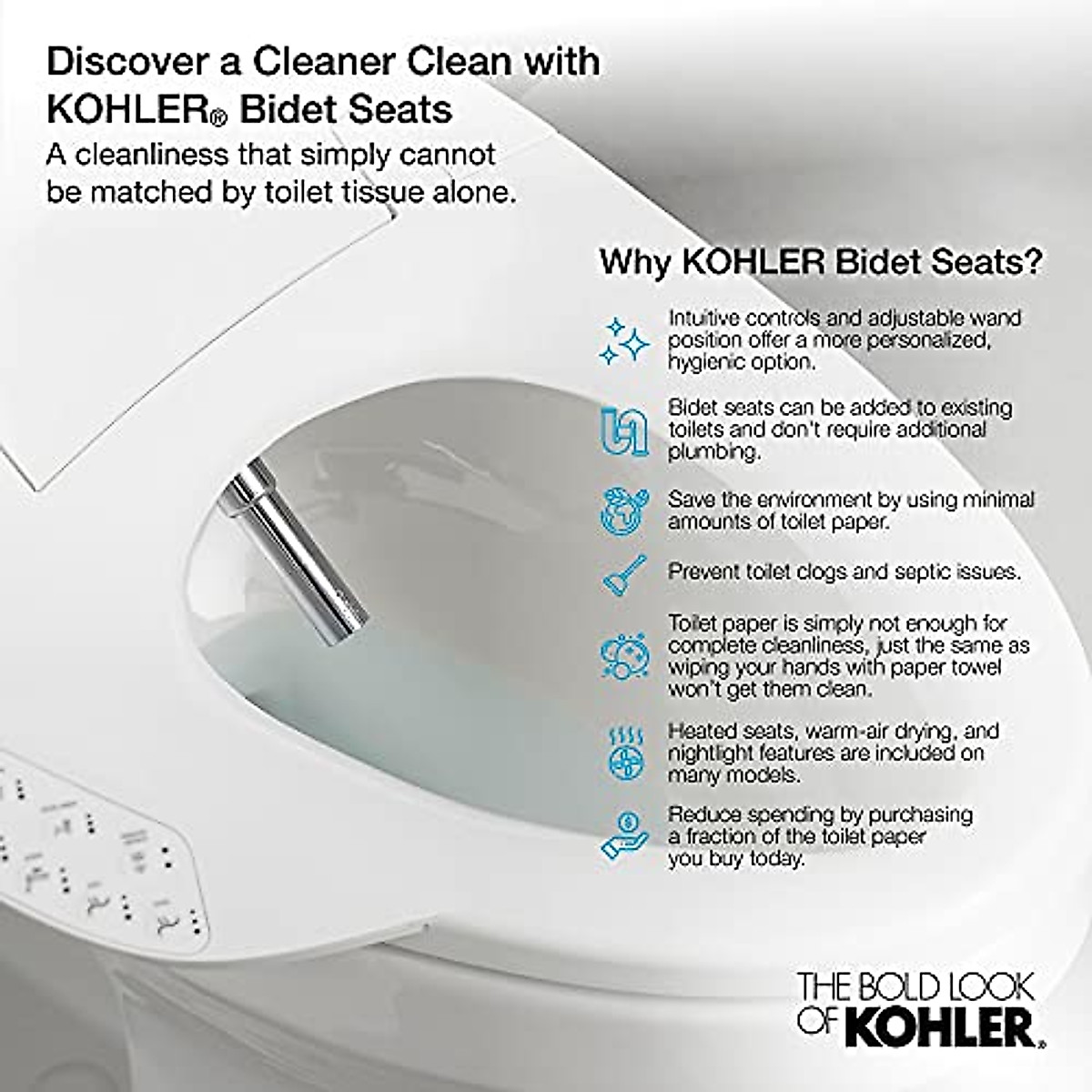 KOHLER 8298-0 PureWash E590 Elongated Bidet Toilet Seat, Heated Bidet, Bidets for Existing Toilets, Nightlight, Self-Cleaning Nozzle, Biscuit