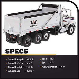 Diecast Masters Western Star 4700 SB Dump Truck - White | Real Truck Specifications, Tandem with Lift Axle and Dump | 1:50 Scale Model Semi Trucks | Diecast Model 71034