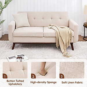 Tbfit Loveseat Sofa, 65" W Mid Century Modern Love Seat Couches for Living Room, Button Tufted Upholstered Small Sofa Couch for Bedroom, Oatmeal