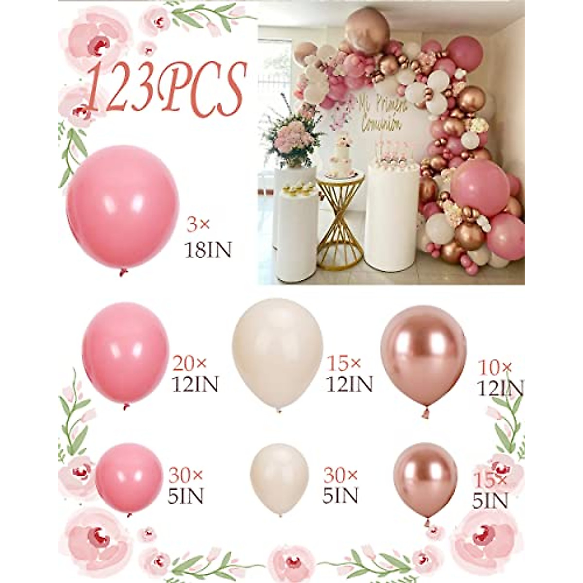 Pink Balloon Garland Kit, 125PCS Marve Pink and Gold Balloons Garland Arch with White Sand Metallic Rose Gold Balloons for Women Happy Birthday Decorations Baby Shower Wedding Party Background