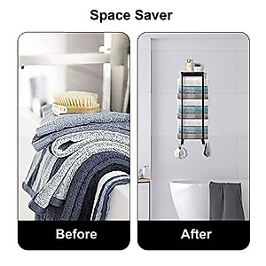 TouYinger Towel Rack for Bathroom, Towel Holder for Bathroom Wall, Metal Towel Rack Wall Mounted with Shelf and Hooks, Bathroom Towel Storage for Large Towels and Small Towels (Black Shelf)