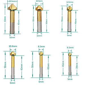 KEWAYO 3 Flute 90 Degree HSS Chamfering Tool Bit Countersink Drill Bit Set for Metal Wood Plastic Woodworking Metal Working Tool Bit Set, Pack of 6pcs