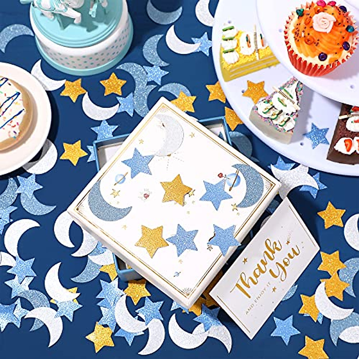 400 Pieces Glitter Star and Moon Paper Confetti Double Side Table Paper Confetti Sequin for Wedding Birthday Baby Shower Moon and Star Party Ramadan Mubarak Decor (Dark Blue, Light Blue, Gold, Silver)