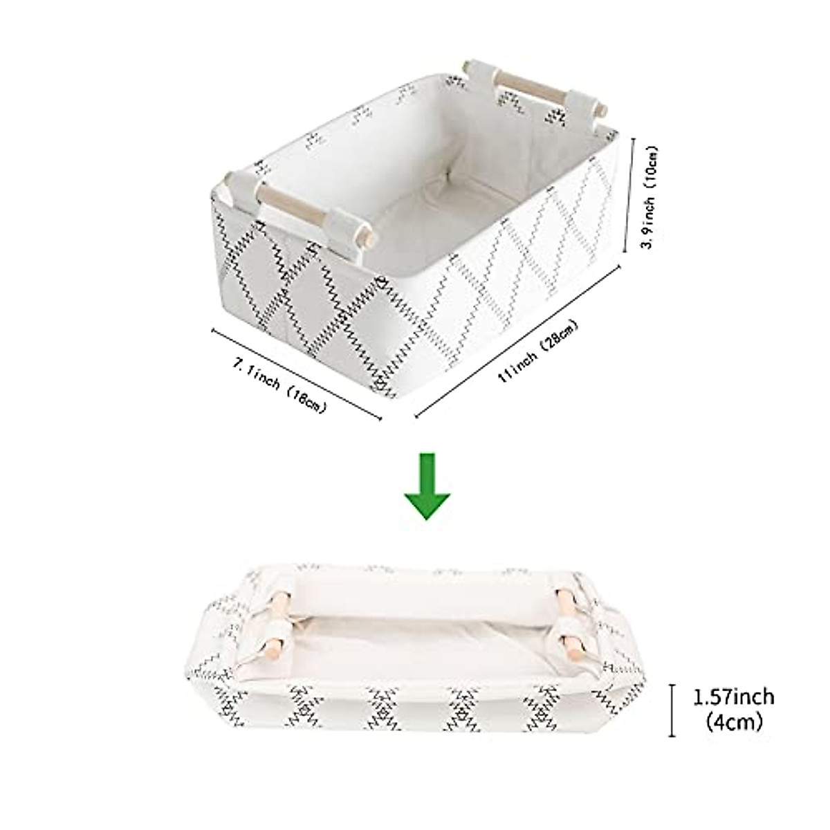 LUFOFOX Decorative Collapsible Rectangular Fabric Storage Bin Organizer Basket with Wooden Handles for Clothes Storage, 11"×7.1"×3.9", White