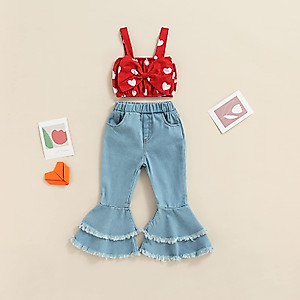 Eadrioss 2PCS Kids Toddler Baby Girls Valentine’s Day Outfits Sleeveless Strap Vest Crop Top Flare Jeans Bell Bottom Pants 18M-6T