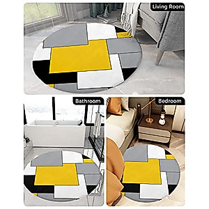 Fluffy Round Area Rugs for Living Room,5ft Carpet Abstract Modern Geometric Art Shaggy Accent Rug Furry Floor Mat for Nursery,Yellow Gray Black White Color Block Plush Non-Slip Bedroom Throw Rugs