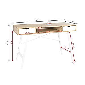 JJS Home Office Writing Desk with Drawers, Modern Computer Study Wooden Desk Table Laptop PC Workstation with Storage, Mid Century White Oak