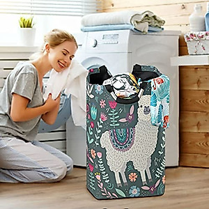 Kigai Cute Floral Llama Laundry Basket Large Collapsible Waterproof Laundry Hamper with Handles Portable Storage Basket Dirty Clothes Toys Organizer for College Dorms, Nursery, Bathroom