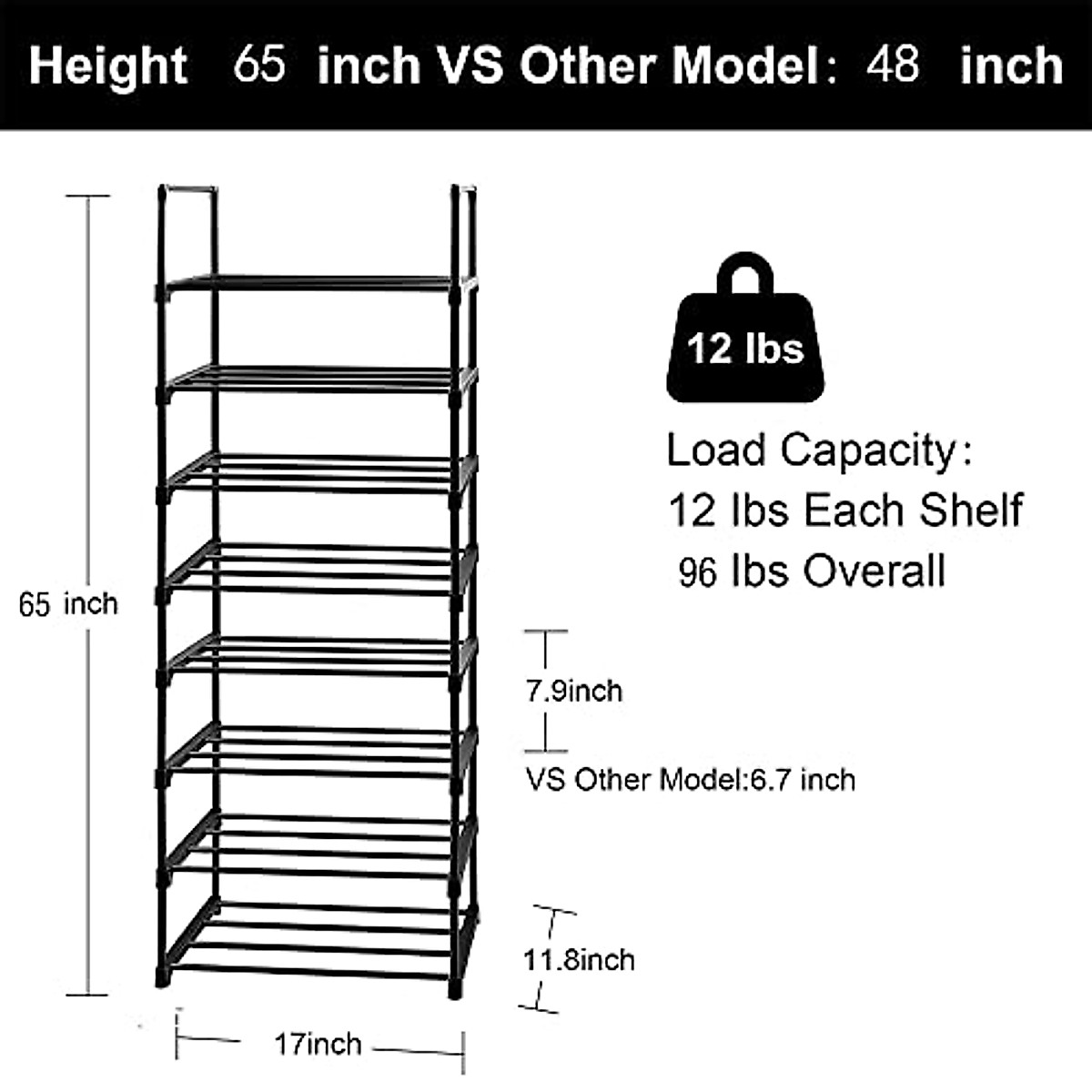 Tianle 8 Tier Tall Shoe Rack for Closet Entryway, Metal Sturdy Shoe Shelf Storage Organizer, Vertical Small Space Large Capacity for 16 Pairs of Shoes (8 Tier)