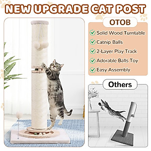 OTOB 33" Tall Cat Scratching Post, 4.3Inch Large Diameter Natural Sisal Rope Scratcher Post, 5-in-1 Interactive Turntable Cat Scratch Post with Soft Hanging Ball Toys for Indoor Large Cats