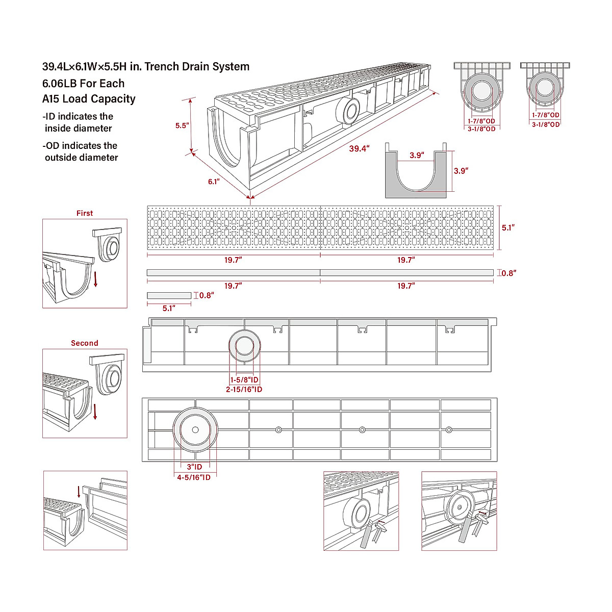 Natotela Deep Profile HDPE Trench Drain-39.4Lx6.1Wx5.5H in. Channel Drain with Grates,6 Pack Total Length 236.22 in, Plastic Trench Drain System for Outdoor,Downspout,Yard Fence,Pool,Sidewalk,Patio