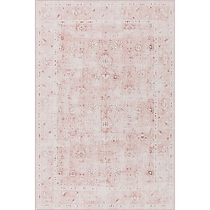Light Pink Rug 5x7 for Living Room,Machine Washable Girls Room Rug for Nursery Bedroom,Blush Pink Super Soft Faux Wool Boho Floral Carpet 5 by 7