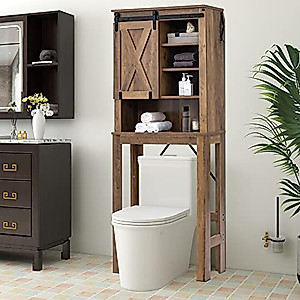 Giantex Over The Toilet Storage Cabinet - Freestanding Toilet Rack with Sliding Barn Door, 3-Level Adjustable Shelves, Anti-Toppling Devices, Non-Slip Foot Pads, Bathroom Toilet Shelf, Rustic Brown