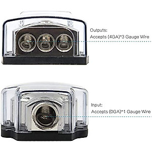 RKURCK 3 Way Power Distribution Block, 0/2/4 AWG Gauge in, 4/8/10 Gauge Out, Car Audio Stereo Amp Distribution Connecting Block for Audio Splitter (1x0GA+3x4GA) 2 Pack