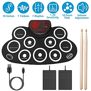 KOCASO Electric Drum Pad Foldable 10-Drum Silicon Drum Kit Dual-Pedal Foldable Electronic Drum Set Machine with Drum 2 Sticks Headphone Jack Speaker for Kids, Beginners