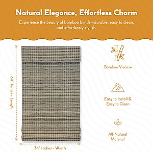 Radiance Cordless Bamboo Roman Shades for Windows - Flatstick Bamboo Blinds for Reduce Bright Light - Bamboo Roman Shades for Home & Offices - Driftwood - 34" W x 64" L - (2208858E)