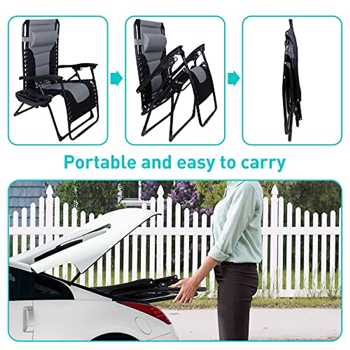 F2C Padded Zero Gravity Chair, Adjustable Foldable Patio Reclining Lounge Chair with Headrest Pillow Side Cup Holder Tray for Outdoor, Deck, Patio, Beach Yard Poolside, Black Gray…