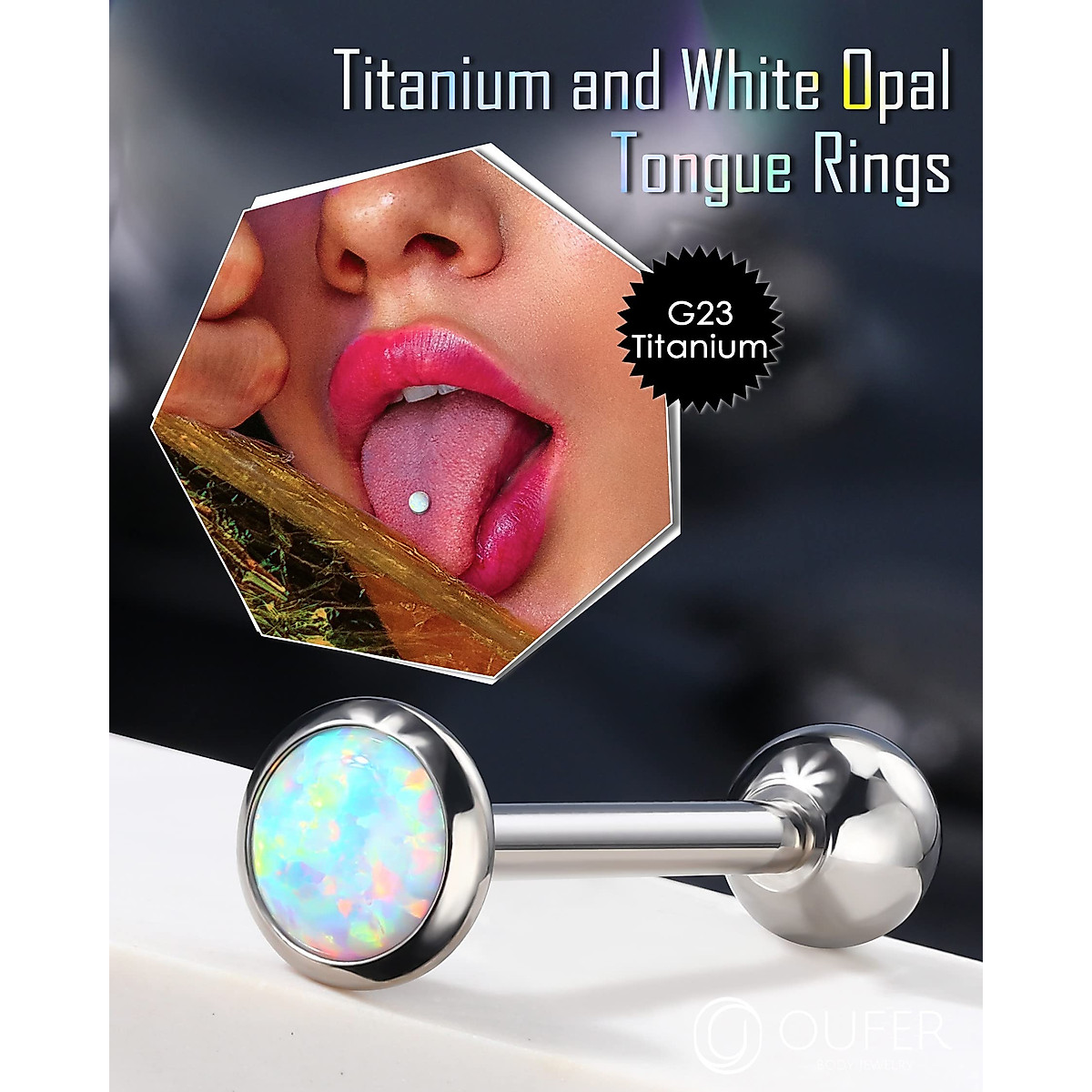 OUFER 14G Tongue Rings, G23 Solid Titanium Tongue Piercing Jewelry, White Opal Internally Threaded Tongue Ring, Tongue Rings for Women Men