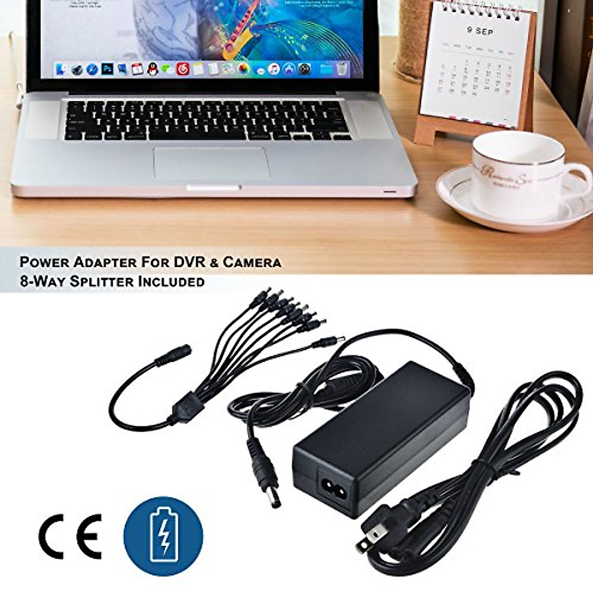 ABLEGRID Charger Compatible with Swann Lorex Q-See Security Camera 12V 5A 60W 2-Prong Plug AC to DC 2.5x5.5mm w/8-Way Power Splitter Cable Power Supply for CCTV Security Camera DVR, LED Strip Lights