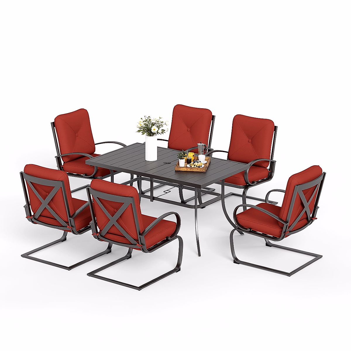 MFSTUDIO 7 Piece Outdoor Patio Dining Set, 6 Spring Motion Cushion Chairs, 1 Rectangular Table with 1.57"-1.9" Adjustable Umbrella Hole, Metal Furniture Sets for Garden, Red