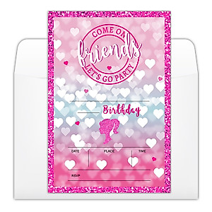 YUEXLL Let's Go Girls Theme Birthday Party Invitations Cards, Pink Doll Theme Birthday Celebration Supplies, Double-sided Fill-in birthday Invites for Boys Girls - C10