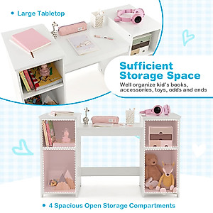 KOTEK Kids Vanity Table and Chair Set, 2 in 1 Wooden Princess Dressing Desk with Detachable Tri-Folding Mirror & Storage Shelves, Girls Pretend Play Beauty Makeup Vanity for Bedroom (White)