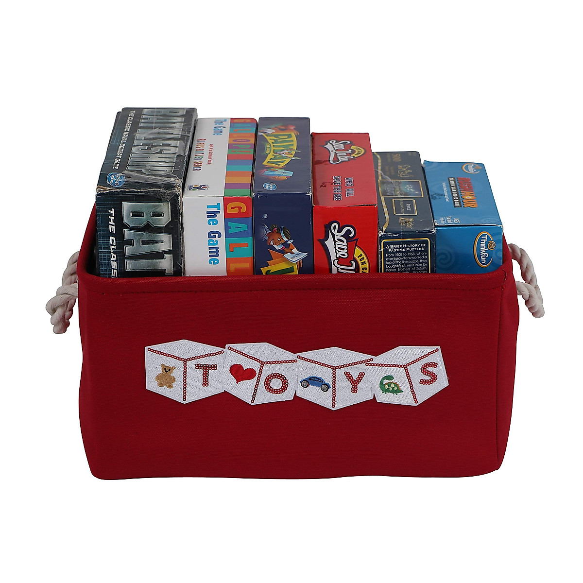 Toy Storage Basket Bin for Organizing Baby, Kids, Dog Toys, Children Books. Red Canvas Box Organizer w/Attractive White Patch for Playroom, Nursery