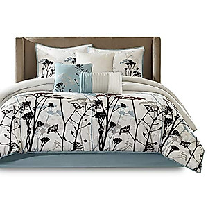 Madison Park Matilda Comforter Scenic Design All Season Hypoallergenic Down Alternative Set, Matching Bed Skirt, Decorative Pillows, Queen(90"x90"), White 7 Piece
