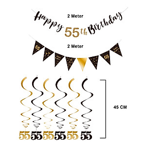 BRT Bearingshui 55th Birthday Decoration Kit for Men Women, Happy 55th Birthday Banner Bunting Swirls Streamers, Triangle Flag Banner for Birthday Party Decorations Supplies Black and Gold 55th