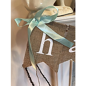 Happy Easter Burlap Banner Garland - Bunny Rabbit & Fluffy Tail Design - Ready to Hang Wall Decor - Complete with Hanging Ribbon Decoration - by Jolly Jon