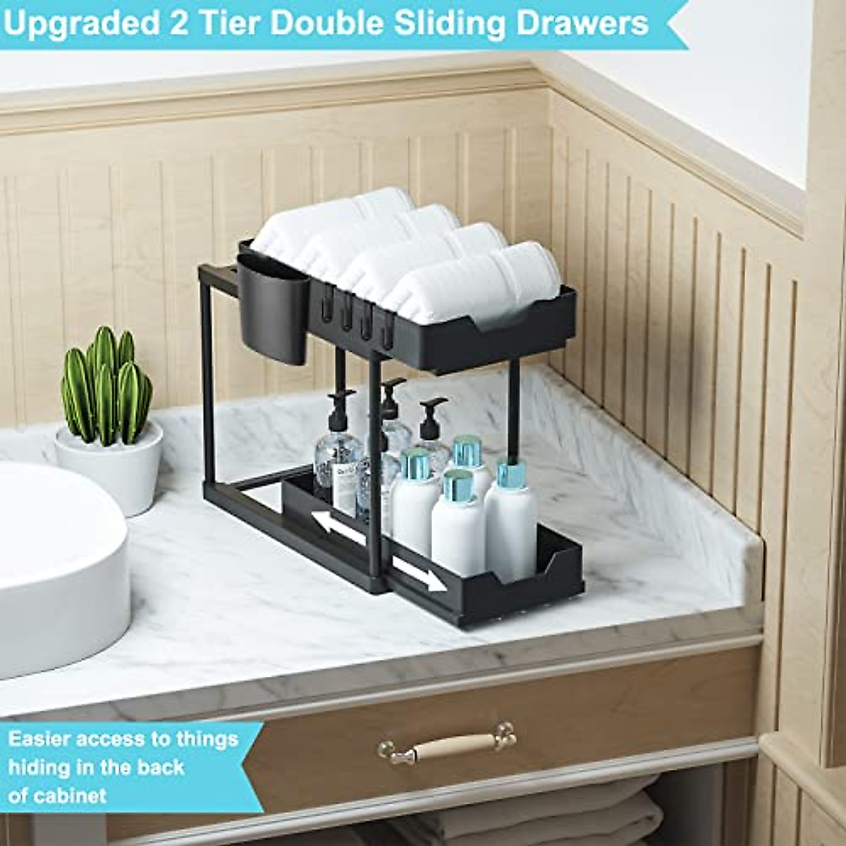 VerkTop Under Sink Organizer, 2-Tier Sliding Under Bathroom Cabinet Storage Drawer Organizer with Hooks,Hanging Cup,Multi-purpose Under Sink Shelf Organizer for Bathroom Kitchen(2pcs)