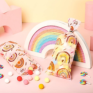100 Pieces Boho Rainbow Cellophane Bags Boho Rainbow Candy Bags Rainbow Party Favor Bags Goodie Bags Treat Bags with 150 Pieces Silver Twist Ties for Boho Rainbow Themed Birthday Party Bags
