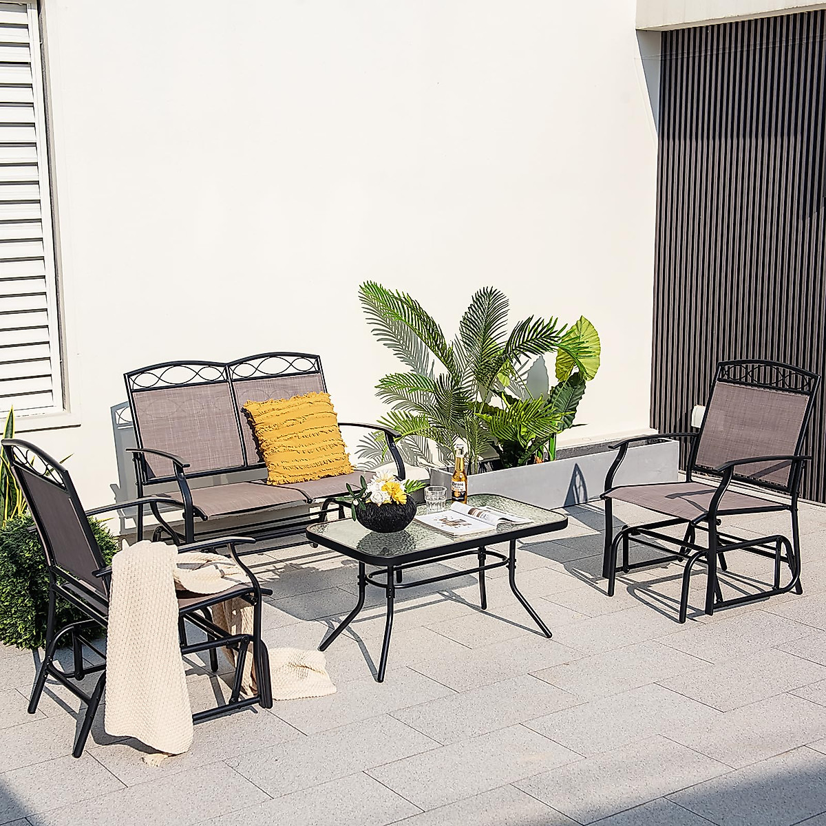 Tangkula 4 Pcs Patio Glider Set, Outdoor Gliding Loveseat w/Tempered Glass Coffee Table, Heavy-Duty Patio Furniture Set for Backyard, Porch, Poolside (4 PCS Patio Glider Set)