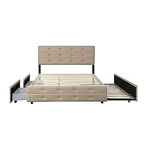 Prohon Upholstered Platform Bed with Trundle & 2 Drawers, Wood Bed Frame Queen Size, Modern Bedframes with Linen Tufted Headboard for Kids, Teen & Adults, No Box Spring Needed, Light Beige
