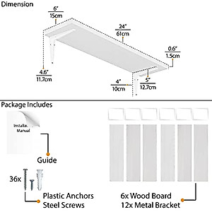 Wallniture Arras 24" Floating Shelves Wall Mounted, Wall Shelves for Living Room Decor, White Bookshelf, Bedroom Floating Shelf, Rustic Wood Shelves for Kitchen, Dining Room Wall Shelf Set of 6