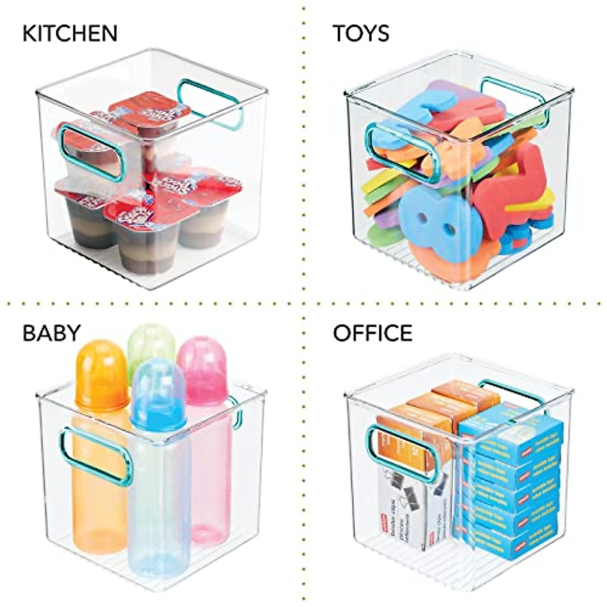 mDesign Plastic Kitchen Pantry Cabinet, Refrigerator or Freezer Food Storage Bins with Handles - Organizer for Fruit, Yogurt, Snacks, Pasta - Food Safe, BPA Free, 6" Cube, 4 Pack - Clear/Blue