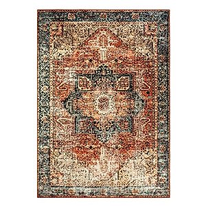 Wonnitar Machine Washable Large Area Rug - 5x7 Persian Ultra-Thin Living Room Throw Rug,Distressed Non-Slip Vintage Dining Room Mat,Oriental Printed Indoor Carpet for Bedroom Basement Dorm,Orange