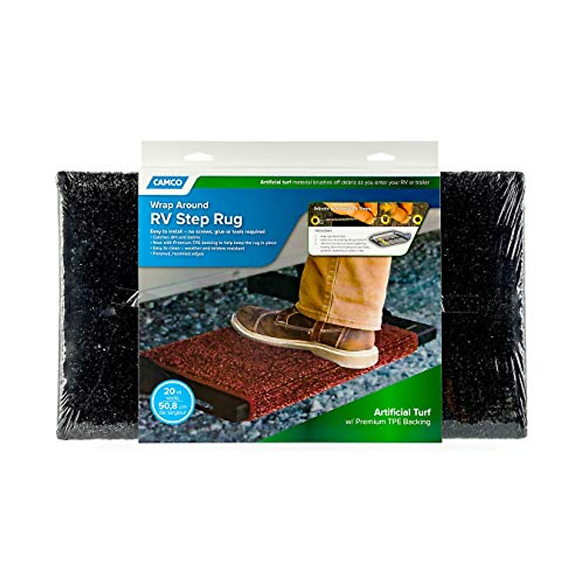 Camco RV Wrap Around Rug | Turf Material Dries Quickly | Easy Install | (42936)