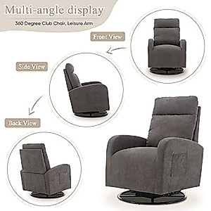 Deolme 360 Swivel Accent Glider Rocking Chair, Comfy Tufted Upholstered Glider Rocker for Nursery, Modern Armchair with Tall Back and Side Pocket for Living Room, Bedroom (Dark Gray)
