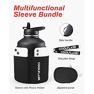 Coolflask 64 oz Insulated Water Bottle with Strap & Sleeve, Half Gallon Water Jug 3 Lids Stainless Steel Multifunctional Flask BPA-Free, Keep 48H Cold 24H Hot, Compact Yoga/Gym Bottle, Black