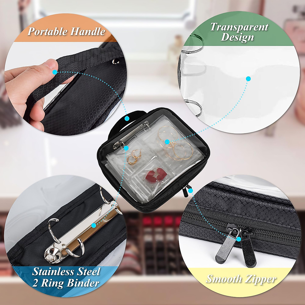 LingLingo Travel Jewelry Organizer Case Transparent Jewelry Storage Book Binder Bag for Earrings, Rings, Necklace, Bracelet,Black