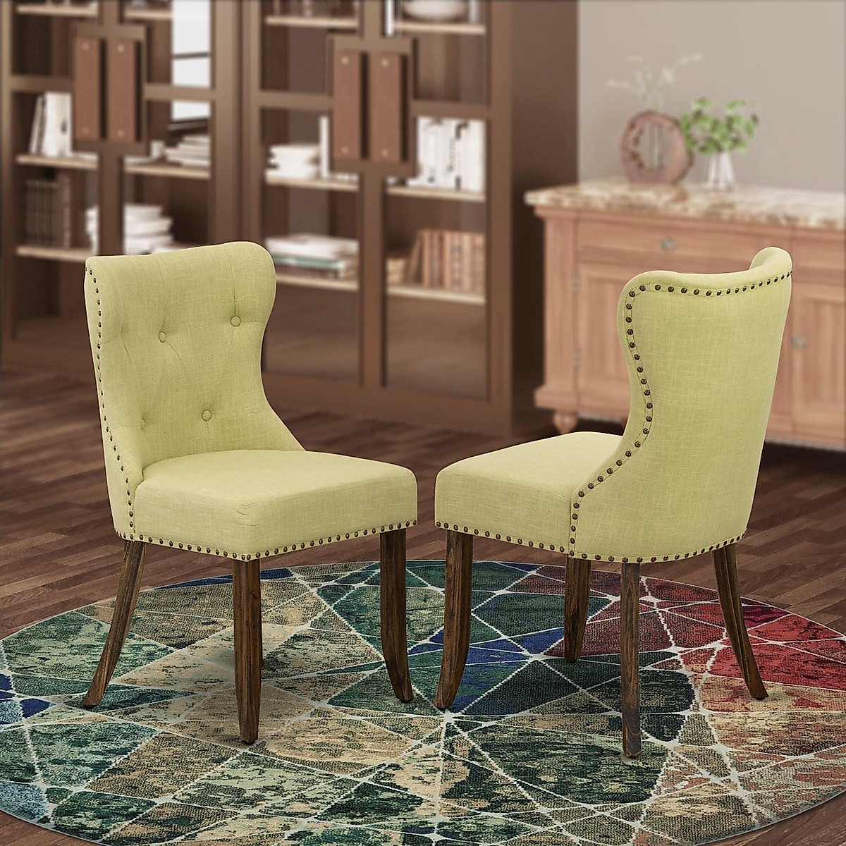 East West Furniture SIP7T37 Sion Modern Parson Dining Chairs - Button Tufted Nailhead Trim Limelight Linen Fabric Upholstered Chairs, Set of 2, Jacobean
